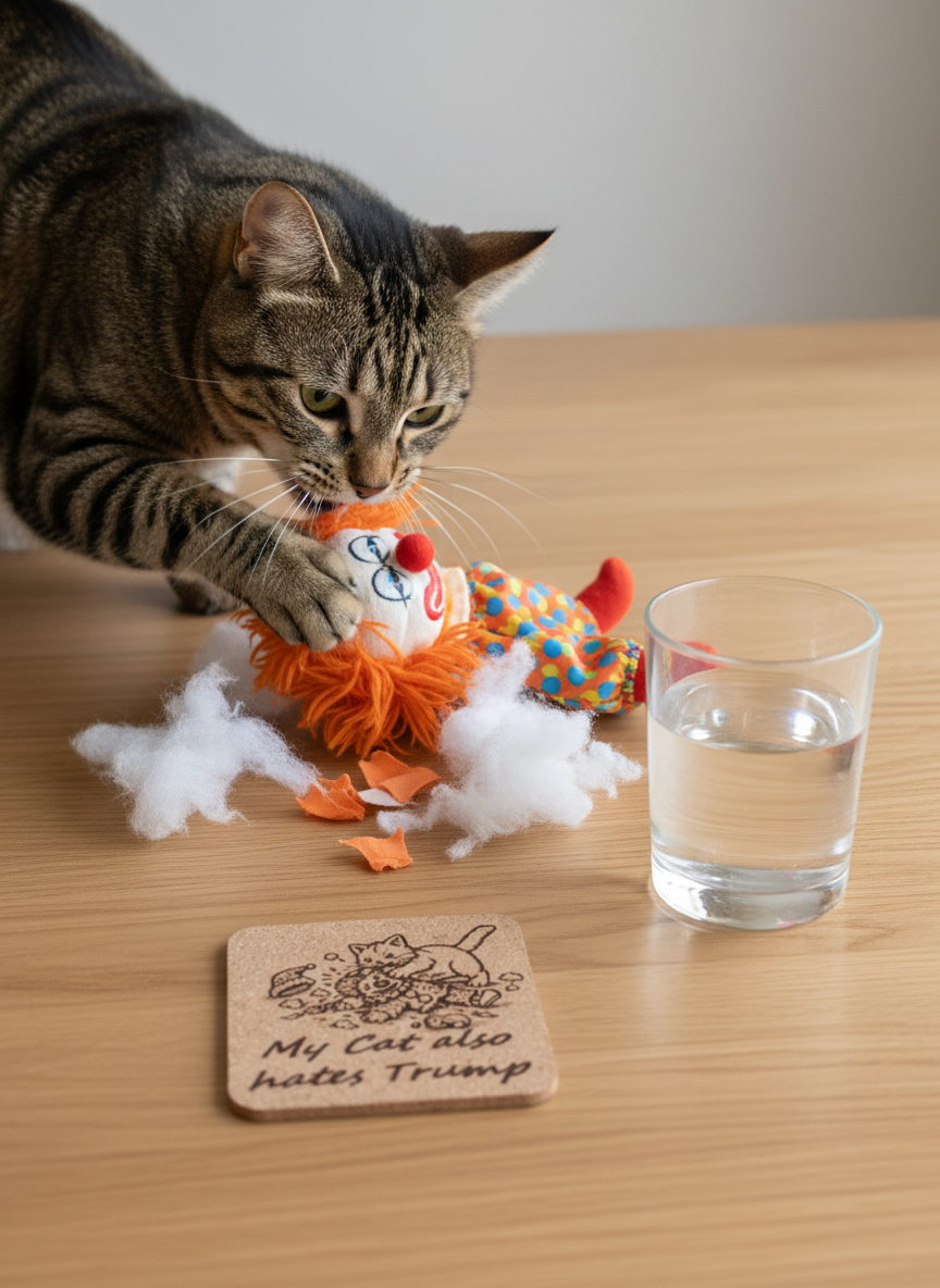 EcoEssentials My cat also hates Trump Clown Image 4 pack Cork Coasters